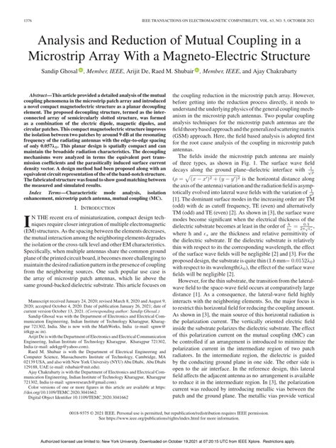 PDF Analysis And Reduction Of Mutual Coupling In A Microstrip Array With A Magneto Electric