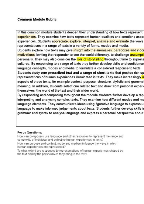 English Adv Common Module Rubric Common Module Rubric In This Common Module Babes Deepen