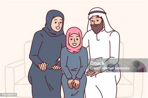 이슬람 의상 히잡 또는 칸두라를 입은 딸과 함께 소파에 앉아있는 아랍 가족 가족에 대한 스톡 벡터 아트 및 기타 이미지 가족 개념 개념과 주제 Istock