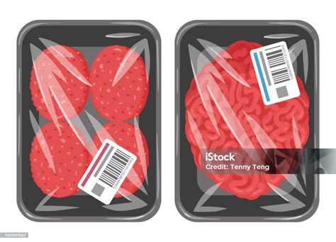 만화 생 다진 고기입니다 쇠고기 또는 돼지 고기 붉은 다진 진공 플라스틱 포장 흰색 배경에 폴리에틸렌 평면 벡터 삽화로 포장 된 맛있는 고기 패티 가금류에 대한 스톡 벡터