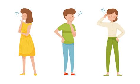 문제 벡터 세트를 통해 생각 물음표와 사려 깊은 남자와 여자 문자 몸짓에 대한 스톡 벡터 아트 및 기타 이미지 몸짓 물음표