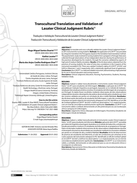 Pdf Transcultural Translation And Validation Of Lasater Clinical