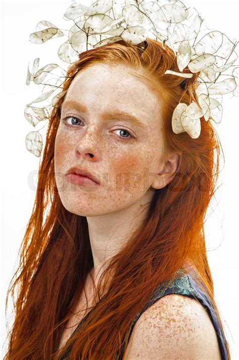 Beautiful Ginger Girl With Flowers In Hair Clean Skin Stock Image