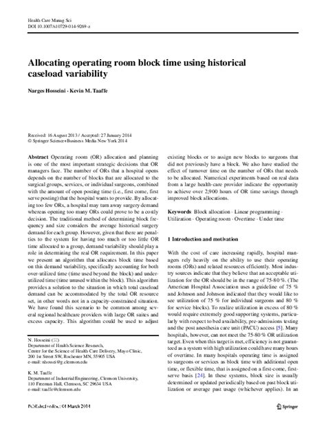 Pdf Allocating Operating Room Block Time Using Historical Caseload