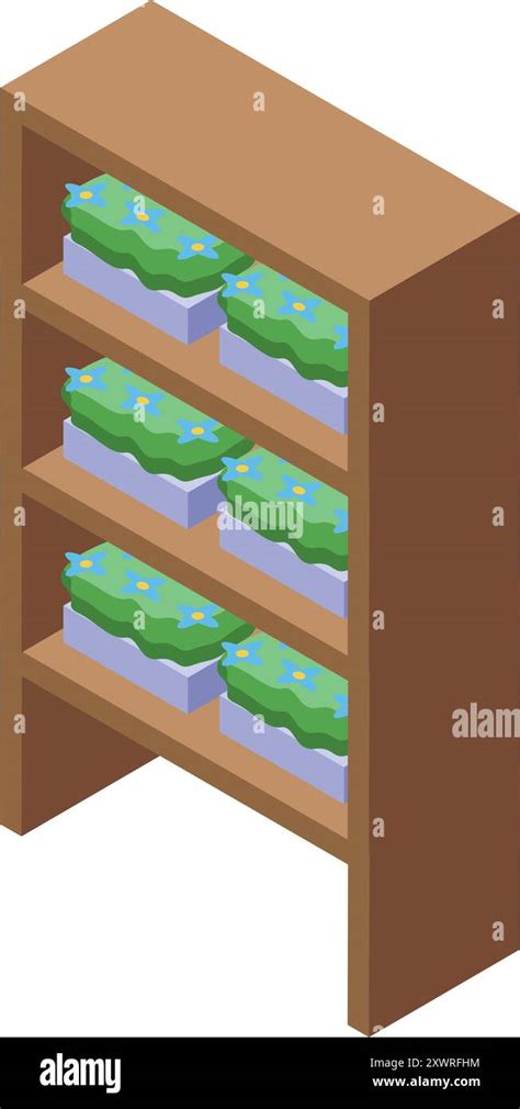 wooden shelving unit is displaying several identical potted plants with blue flowers on each