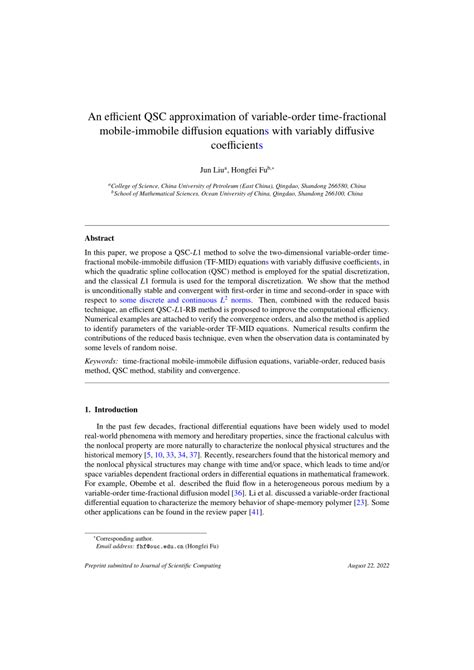 Pdf An Efficient Qsc Approximation Of Variable Order Time Fractional Mobile Immobile Diffusion
