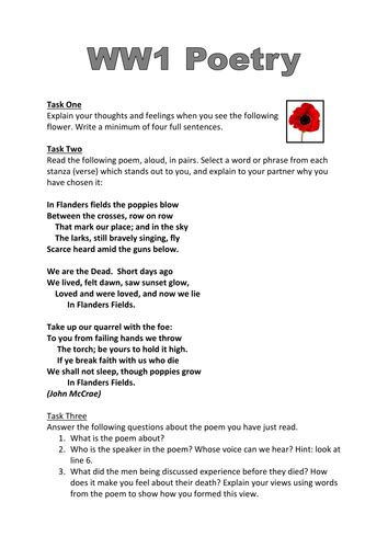 Ww1 Poetry Worksheet In Flanders Fields By Dmcclean03 Teaching