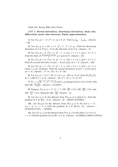 11 Solved Problems On Partial Derivative Assignment Math 241 Docsity