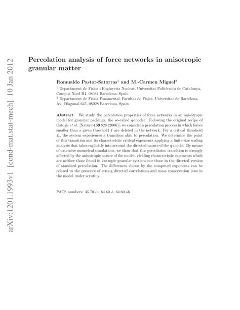 Pdf Percolation Analysis Of Force Networks In Anisotropic Granular Matter