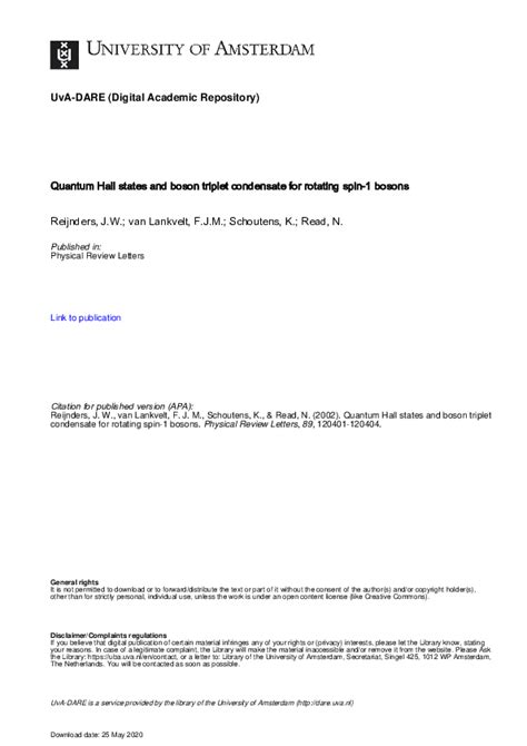 Pdf Quantum Hall States And Boson Triplet Condensate For Rotating Spin 1 Bosons