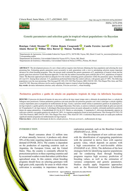 Pdf Genetic Parameters And Selection Gain In Tropical Wheat Populations Via Bayesian Inference