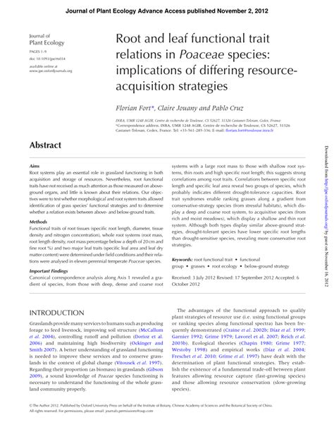 Pdf Root And Leaf Functional Trait Relations In Poaceae Species