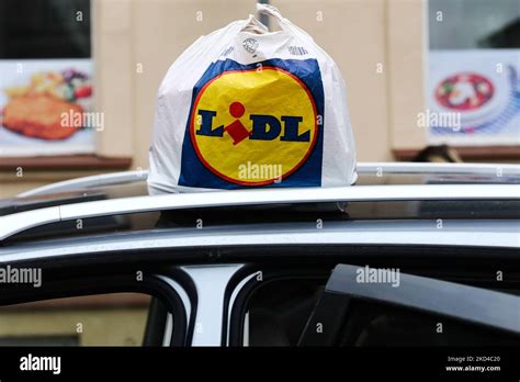 Lidl Logo Is Seen On A Plastic Shopping Bag In Przemysl Poland On March Photo By