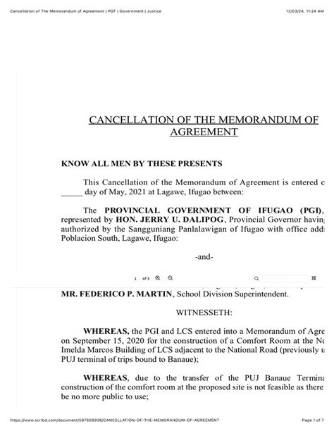 Cancellation Of The Memorandum Of Agreement Pdf Government