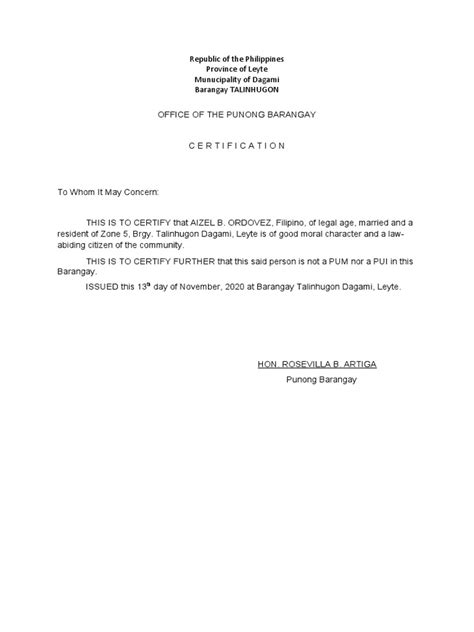 Brgy Certification Pdf Philippines
