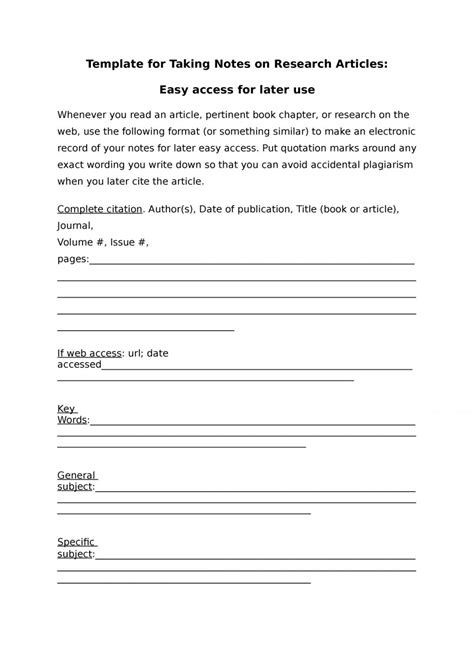 Printable Template For Taking Notes On Research Articles Studocu Research Note Taking Templa
