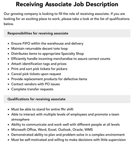 Receiving Associate Job Description Velvet Jobs