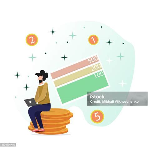 평면 스타일에서 벡터 일러스트 레이 션입니다 수염을 가진 남자는 동전의 더미에 앉아 노트북에서 작업 3차원 형태에 대한 스톡 벡터 아트 및 기타 이미지 Istock