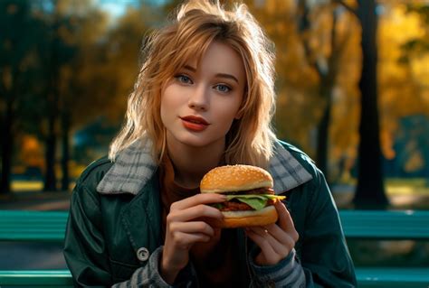 Uma linda mulher comendo hambúrguer Foto Premium