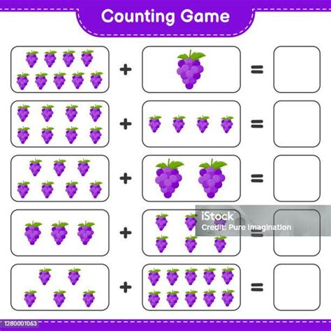 게임을 계산 포도의 수를 계산하고 결과를 작성합니다 교육 어린이 게임 인쇄 워크 시트 벡터 일러스트레이션 0명에 대한 스톡 벡터 아트 및 기타 이미지 Istock