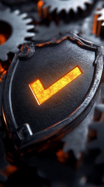 metal shield with glowing orange checkmark amidst gears cybersecurity concept premium ai