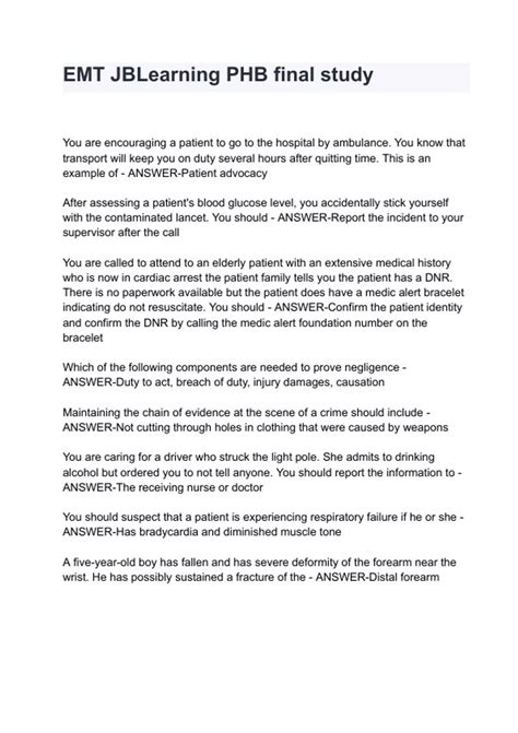 EMT JBLearning PHB Final Study Questions And Answers Latest EMT