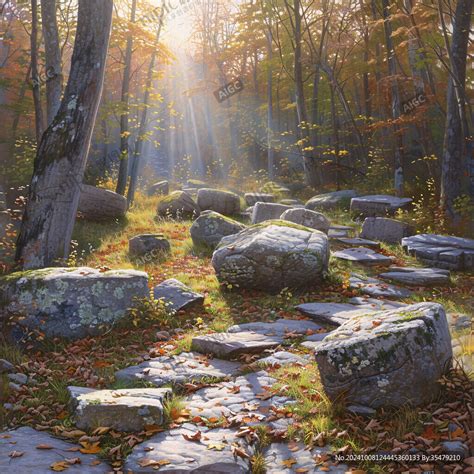 Ai创作图林中石头 阳光下的石头 阳光与鹅卵石 石头上的阳光 石山里的阳光 枫林一缕阳光 重石子霞光 唯美石头路 林间石头 石头林荫道 光影石