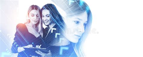 Group Of Businesswomen Holographic Arrows Backgroun Stock Image