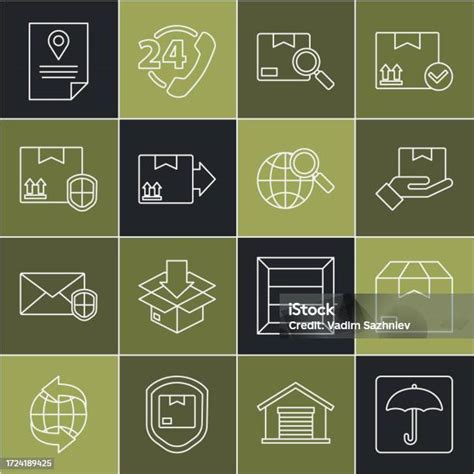 라인 우산 판지 골판지 상자 상자가있는 배달 손 검색 패키지 골판지 교통 기호 보안 방패 문서 추적 마커 시스템 및 돋보기 지구 아이콘을 설정합니다 벡터 감시에 대한 스톡