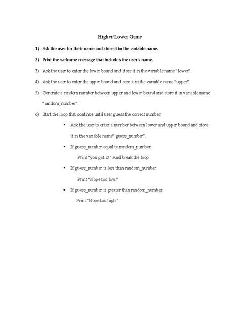 Higher Lower Game Assignment 4 High Low Game Pseudocode Higher