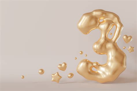 베이지색 배경에 하트와 별이 있는 황금 액체 번호 3 우아한 유동성 고급스러운 금속 표면 숫자 3 흐르는 용융 금 3 번째 생일 영업 기념일 공간을 복사합니다 3차원 3에
