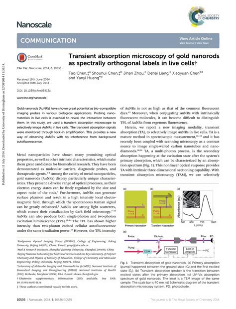 Pdf Transient Absorption Microscopy Of Gold Nanorods As Spectrally Orthogonal Labels In Live