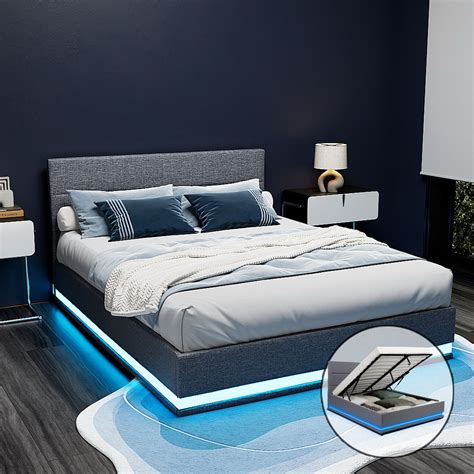 Artiss Bed Frame Queen Size Led Gas Lift Grey Lumi Wood Factory Furniture