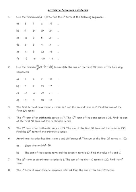 Arithmetic Sequences Qs Arithmetic Sequences And Series 1 Use The Formula A N− 1 D To Find