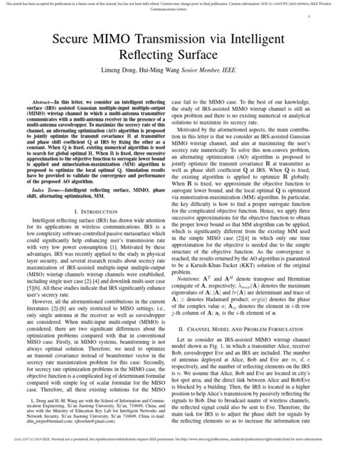 Secure Mimo Transmission Via Intelligent Reflecting Surface Pdf Mimo Mathematical Optimization