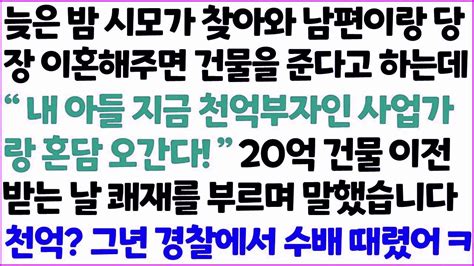 【실화사연】 늦은 밤 시모가 찾아와 남편이랑 당장 이혼해 주면 건물을 준다고 하는데 내 아들 지금 천억부자인 사업가랑 혼담