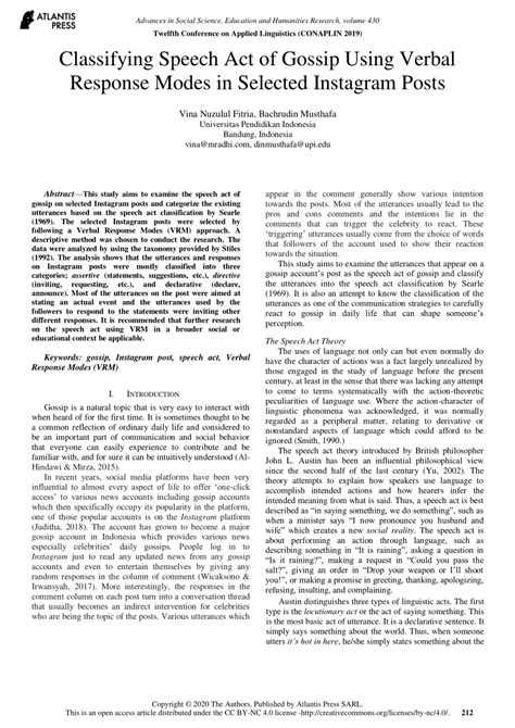 Pdf Classifying Speech Act Of Gossip Using Verbal Response Modes In Selected Instagram Posts