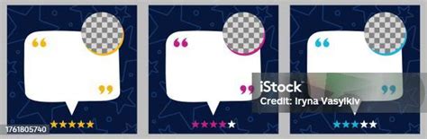 진한 파란색 배경에 고객 피드백 평가 또는 리뷰 인용문을 위한 말풍선이 있는 세 가지 템플릿 세트입니다 따옴표가 있는 빈 말풍선