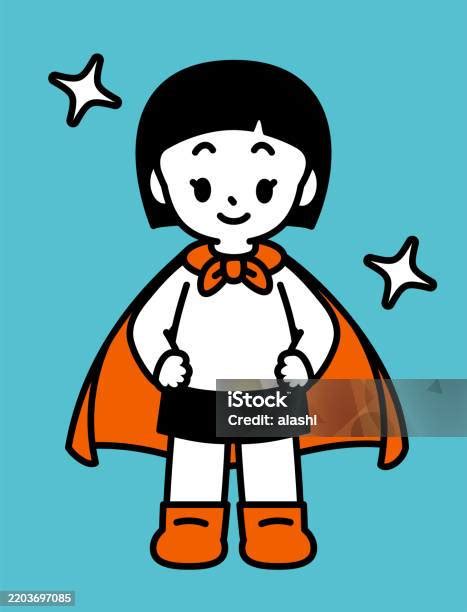 짧은 검은 머리에 빨간 망토를 두른 귀여운 소녀가 미소를 지으며 허리에 손을 얹고 자신 있게 서 있다 정면도 평면 색상의 검은색 윤곽선 미니멀한 스타일 아이에 대한 스톡