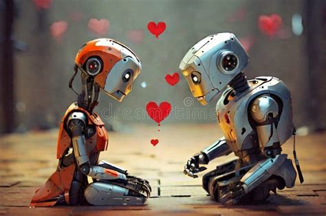 Robot Love Story Illustration Two Robots Sitting Together On Ground