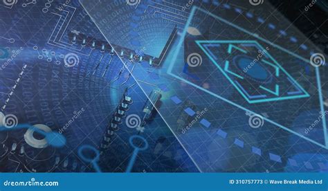 Image Of Data Processing With Scope Scanning Over Computer Circuit Board On Black Background