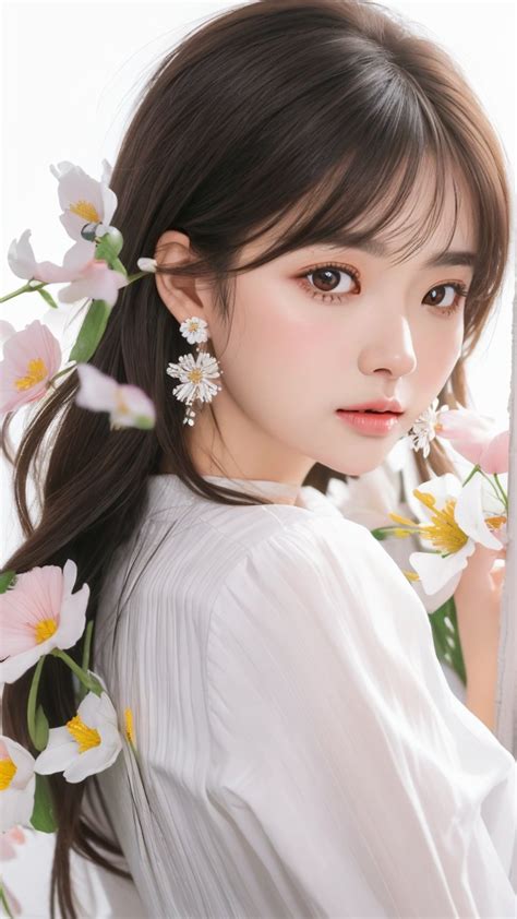 1个女孩 单人 花 珠宝 耳环 长发 面向观众 白色背景 棕色眼睛 半身像 刘海 闭着嘴 黑发 脸红 又笨又聪明的一颗豆的以图出图 通用模式作品