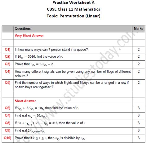 Cbse Class 11 Maths Permutation Linear Worksheet Set A