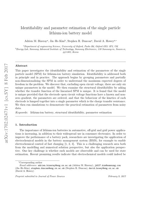 Pdf Identifiability And Parameter Estimation Of The Single Particle Lithium Ion Battery Model