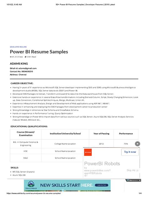 Power Bi Developer Resume Samples Pdf Microsoft Sql Server Sas