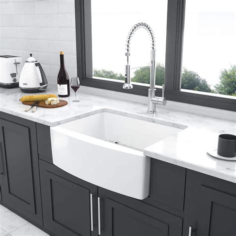 24 In White Farmhouse Sink Ceramic Arch Edge Apron Front Single Bowl Farm Kitchen Sinks Ap4103
