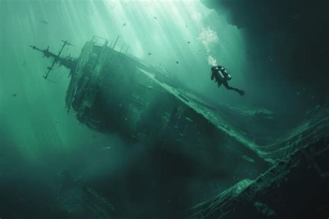 An Immersive Underwater Scene Featuring A Diver Exploring A Sunken Ship Illuminated By Soft Rays