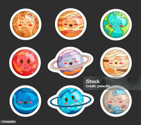 귀여운 만화 웃는 행성 스티커 책갈피 태양계 카와이 천문 캐릭터 손으로 그린 스타일입니다 벡터 그리기 디자인 요소 모음 가공의 인물에 대한 스톡 벡터 아트 및 기타 이미지