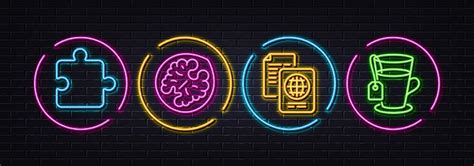 퍼즐 월넛 및 여권은 최소한의 선 아이콘을 문서화합니다 웹 응용 프로그램 인쇄용 네온 레이저 3d 조명 벡터 0명에 대한 스톡