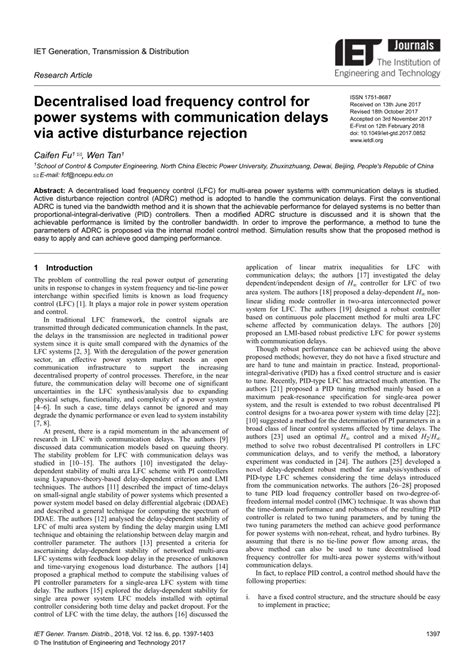 Pdf Decentralized Load Frequency Control For Power Systems With Communication Delays Via